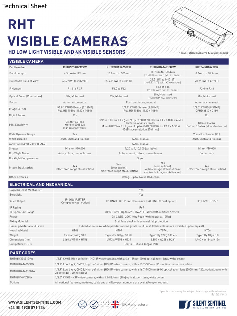 RHT Visible Cameras Tech Sheet V4.3 | PDF | Camera | Image Stabilization