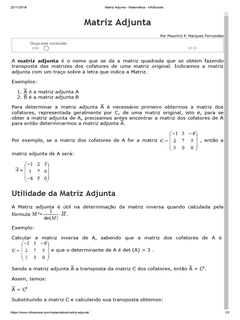 Matriz Adjunta - Matemática - InfoEscola | PDF