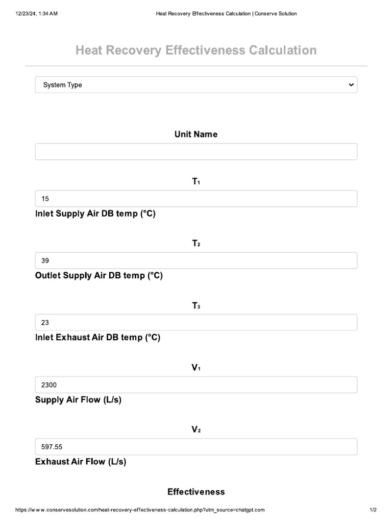 Heat Recovery Effectiveness Calculation - Conserve Solution | PDF