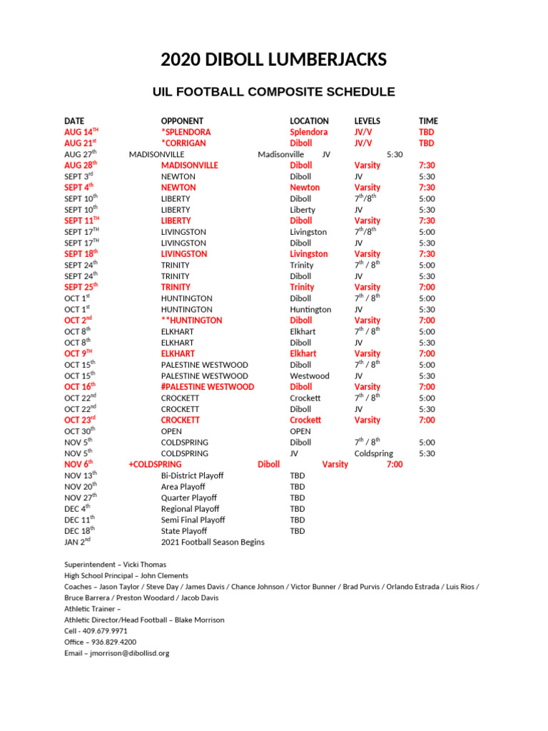 2020 Diboll Lumberjacks Football Schedule | PDF