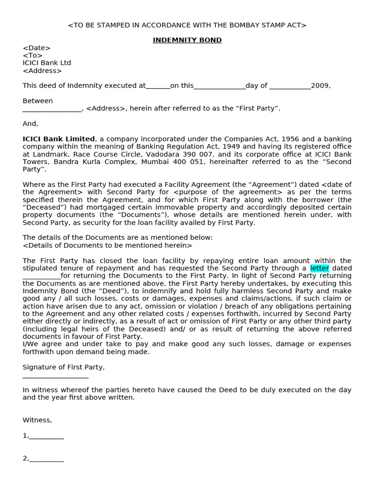 Indemnity Bond Death | PDF | Indemnity | Loans