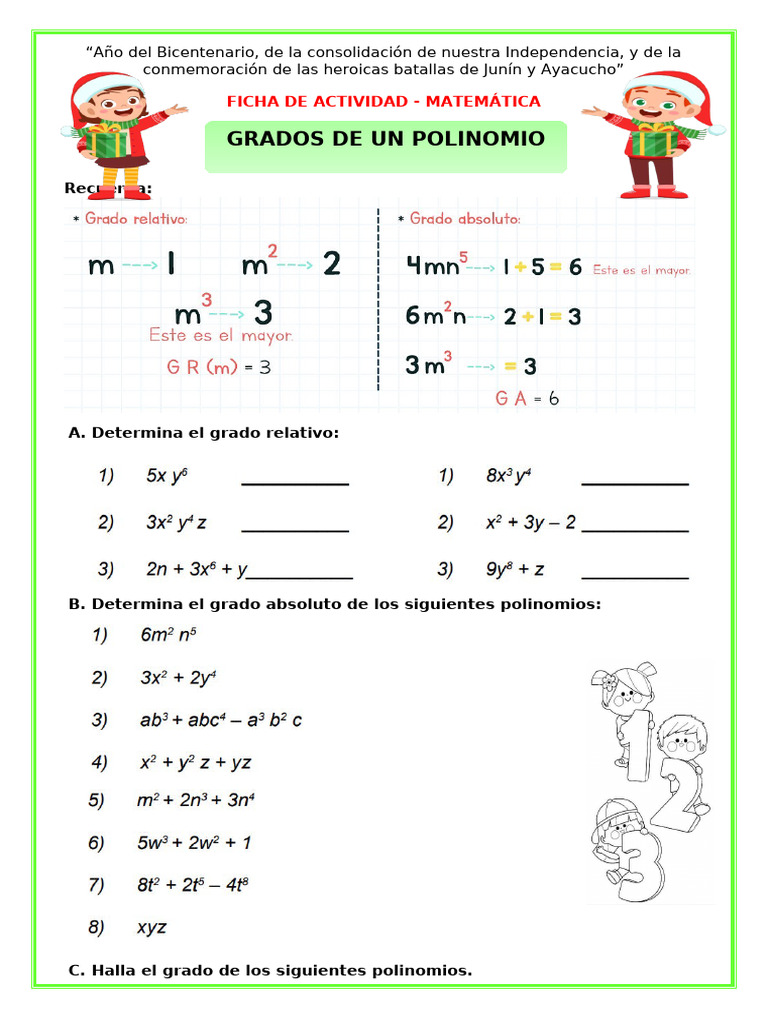 FICHA-MIERC-MAT-GRADOS DE UN POLINOMIO | PDF