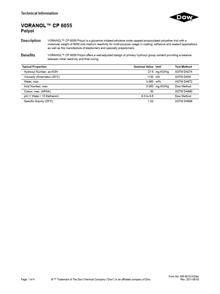 400 00101433en Voranol CP 6055 Polyol Tds | PDF