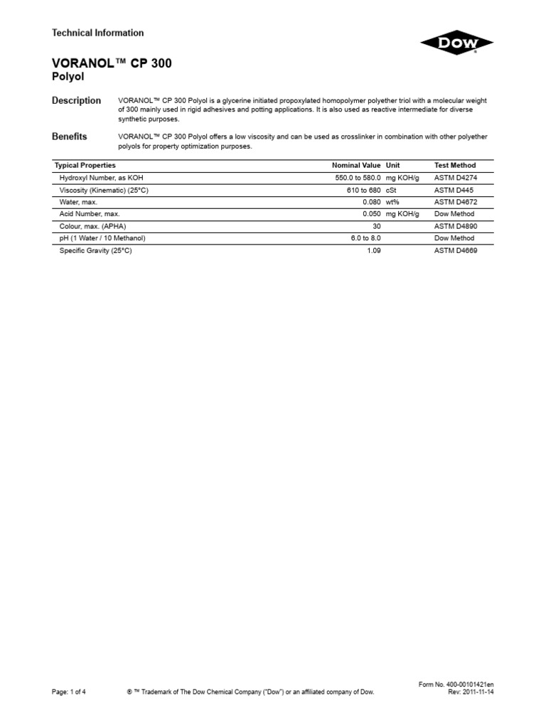 400 00101421en Voranol CP 300 Polyol Tds | PDF