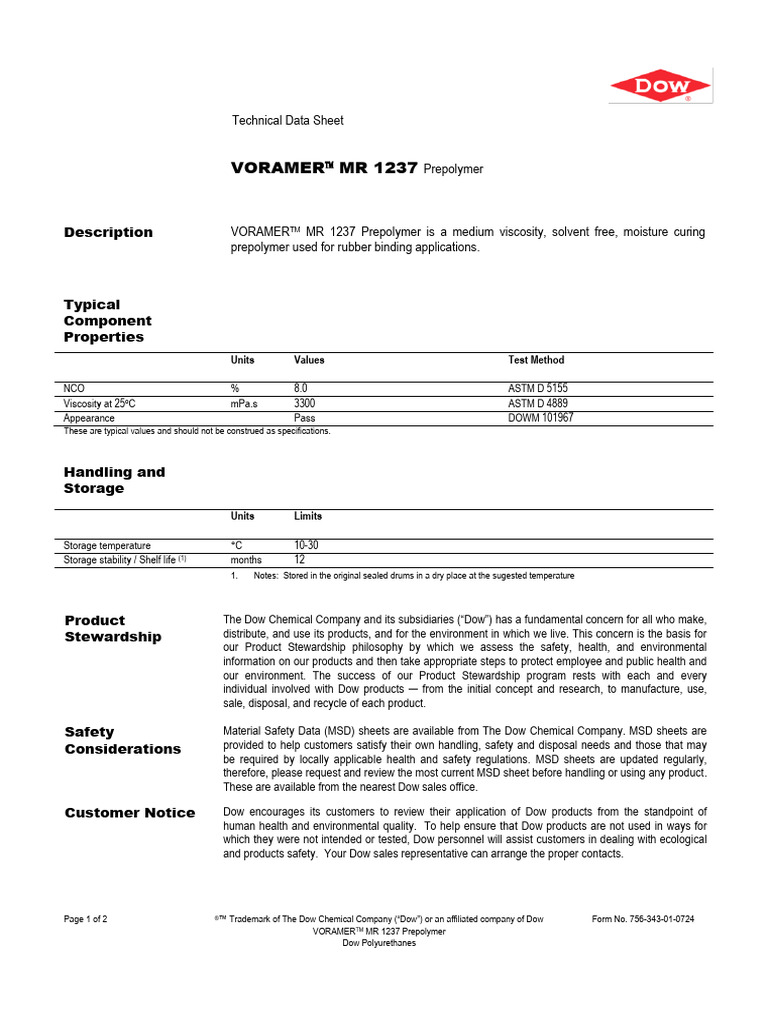 756 343 01 Voramer MR 1237 Prepolymer | PDF | Dow Chemical Company ...