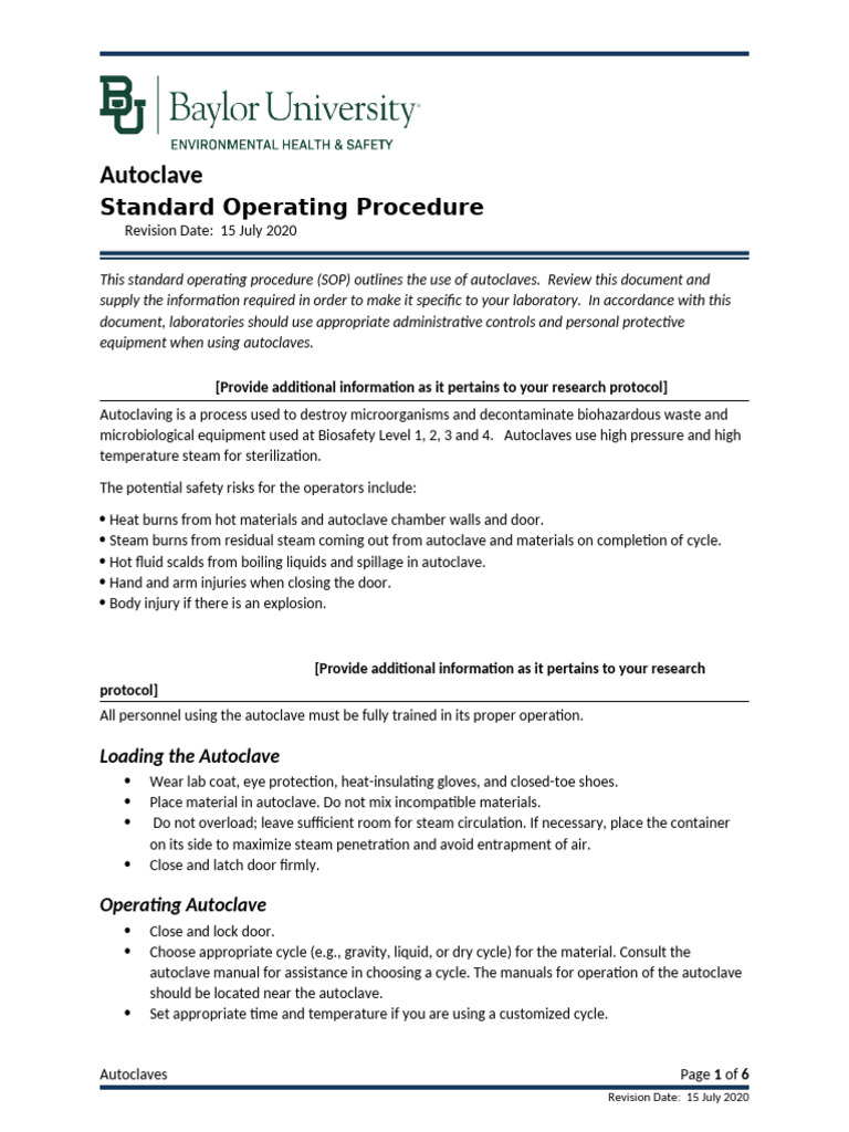 Autoclave SOP Template - Docx 2 | PDF | Steam | Personal Protective ...