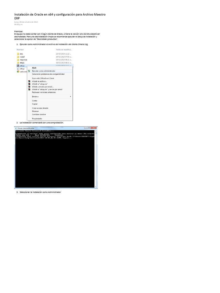 Instalación de Oracle en x64 y Configuración para Archivo Maestro ERP | PDF