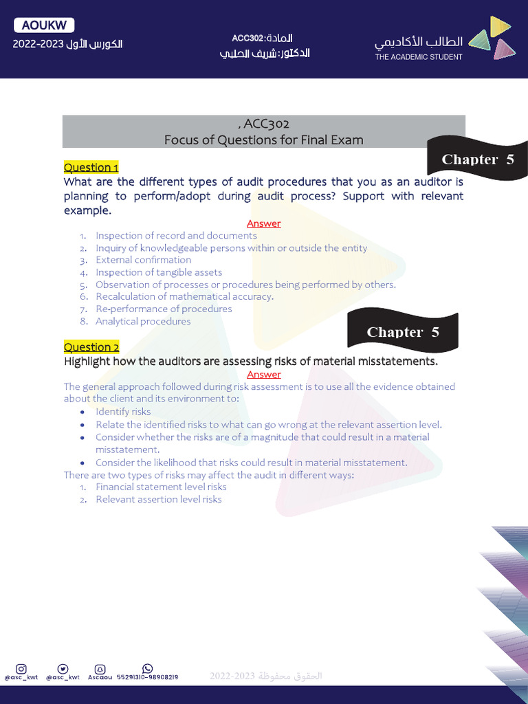 Focus of Questions For Final Exam - ACC302 - 1 | PDF | Audit | Internal Control