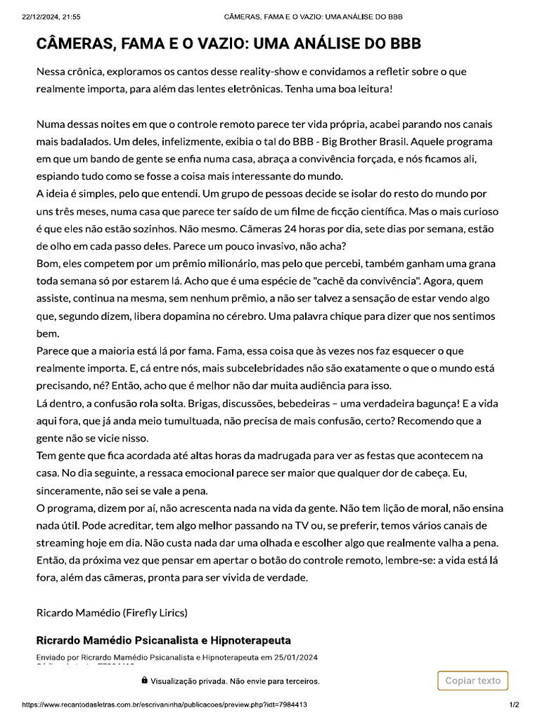 9 Câmeras, Fama e o Vazio - Uma Análise Do BBB | PDF