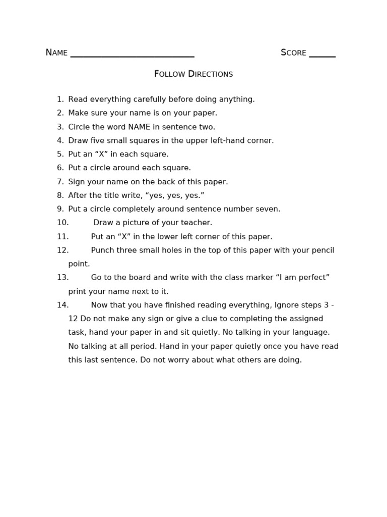 Following Directions Test Instructions | PDF