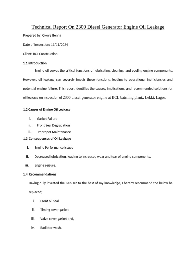 Technical Report On 2300 Diesel Generator Engine Oil Leakage | PDF