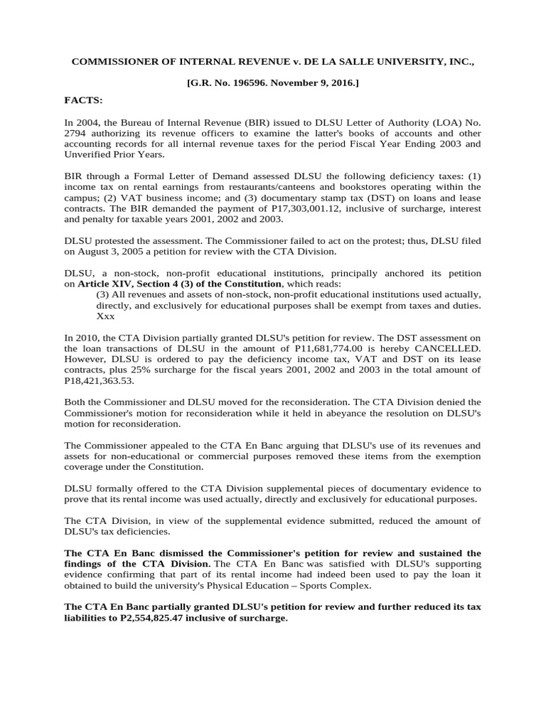 COMMISSIONER OF INTERNAL REVENUE V DLSU CASE DIGEST | PDF | Taxes | Tax ...