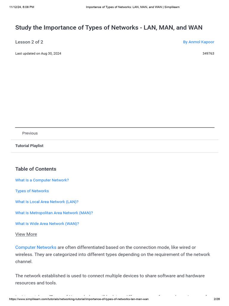 Importance of Types of Networks LAN, MAN, and WAN Simplilearn | PDF ...