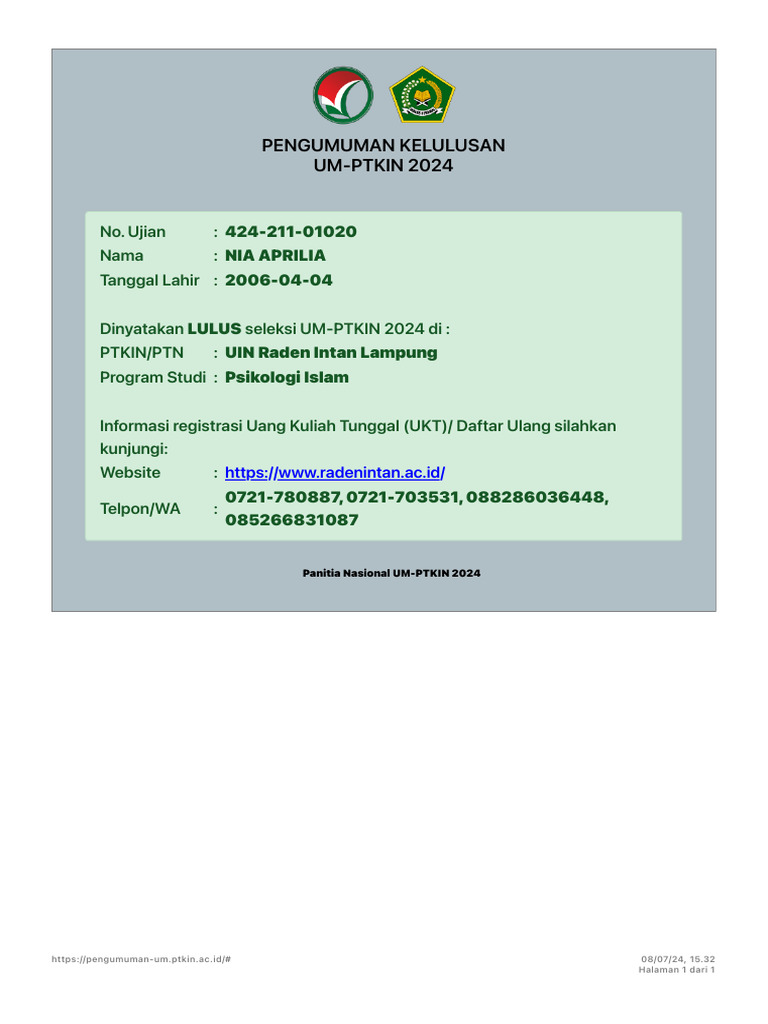 Lulus UM-PTKIN 2024: Psikologi UIN RIL | PDF