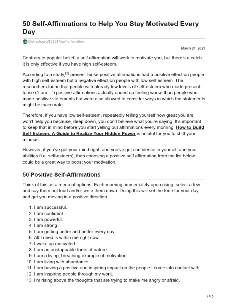 Daily Self-Affirmations for Motivation | PDF | Thought | Feeling