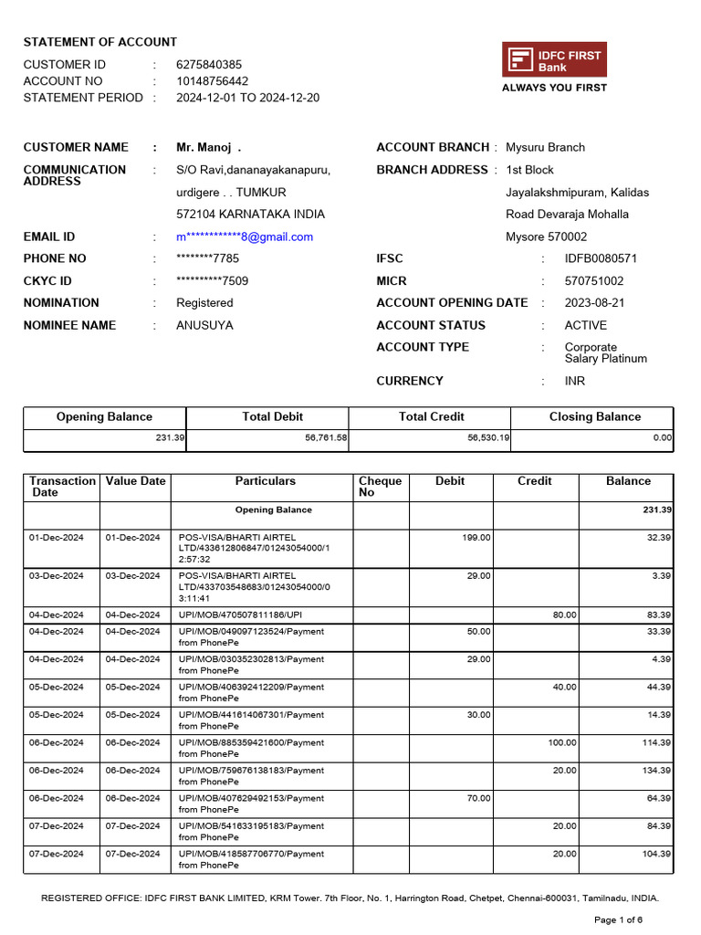 IDFCFIRSTBankstatement 10148756442 | PDF | Payments | Credit Card
