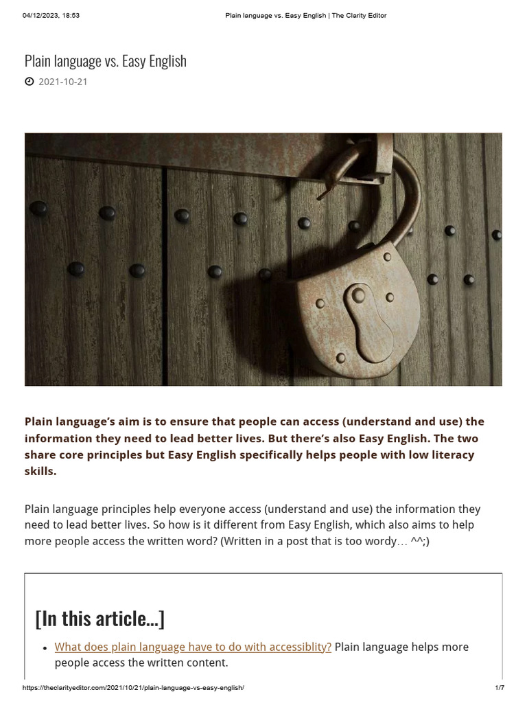 Plain Language vs. Easy English - The Clarity Editor | PDF | Plain ...