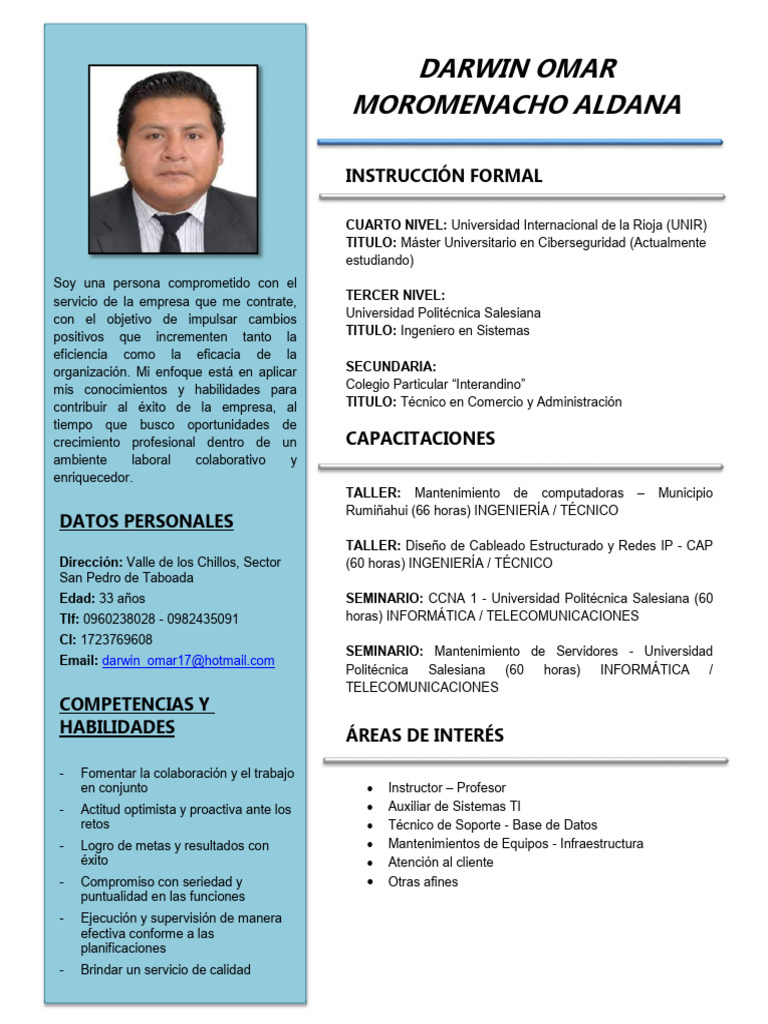 CV Darwin Moromenacho 1723769608 PF - Inst | PDF | La seguridad informática | Seguridad