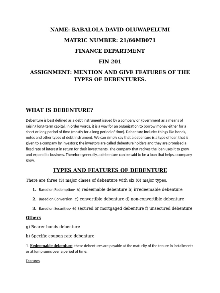 Types and Features of Debentures | PDF | Debenture | Securities (Finance)