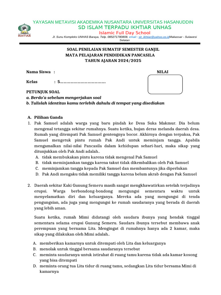 Soal PTS PKN Ganjil 2024-2025 | PDF