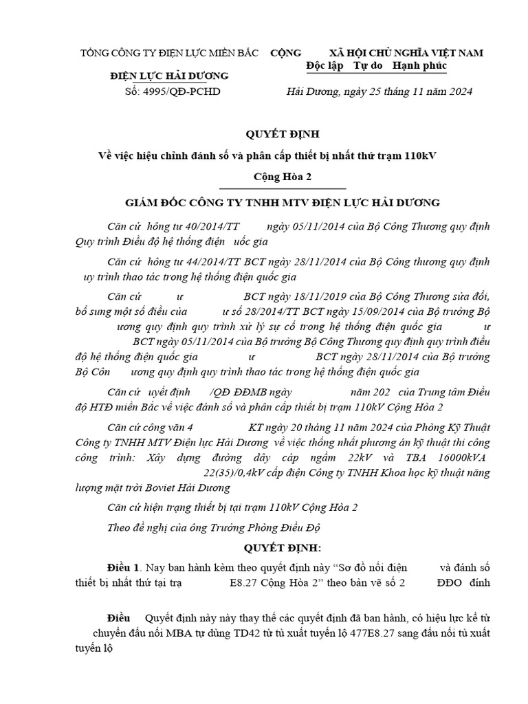 Quyet Dinh Hieu Chinh Danh So Va Phan Cap Tram 110kV E8.27 Cong Hoa 2 | PDF