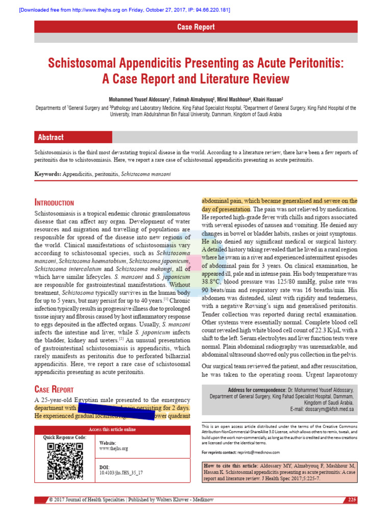 Schistosomal Appendicitis Case Report | PDF | Causes Of Death | Medicine