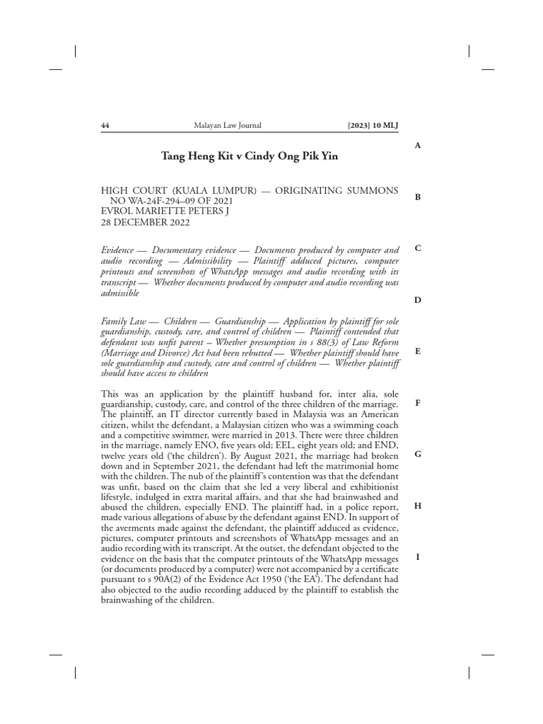 Tang Heng Kit V Cindy Ong Pik Yin, (2023) 10 MLJ 44 - Attachment1 | PDF ...