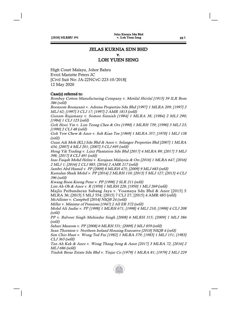 Jelas Kurnia SDN BHD V Loh Yuen Seng | PDF | Burden Of Proof (Law ...
