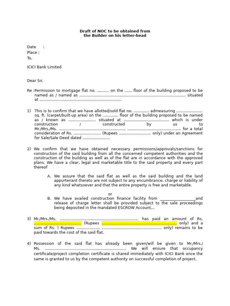 Builder NOC Format for Home Loan | PDF | Mortgage Law | Mortgages