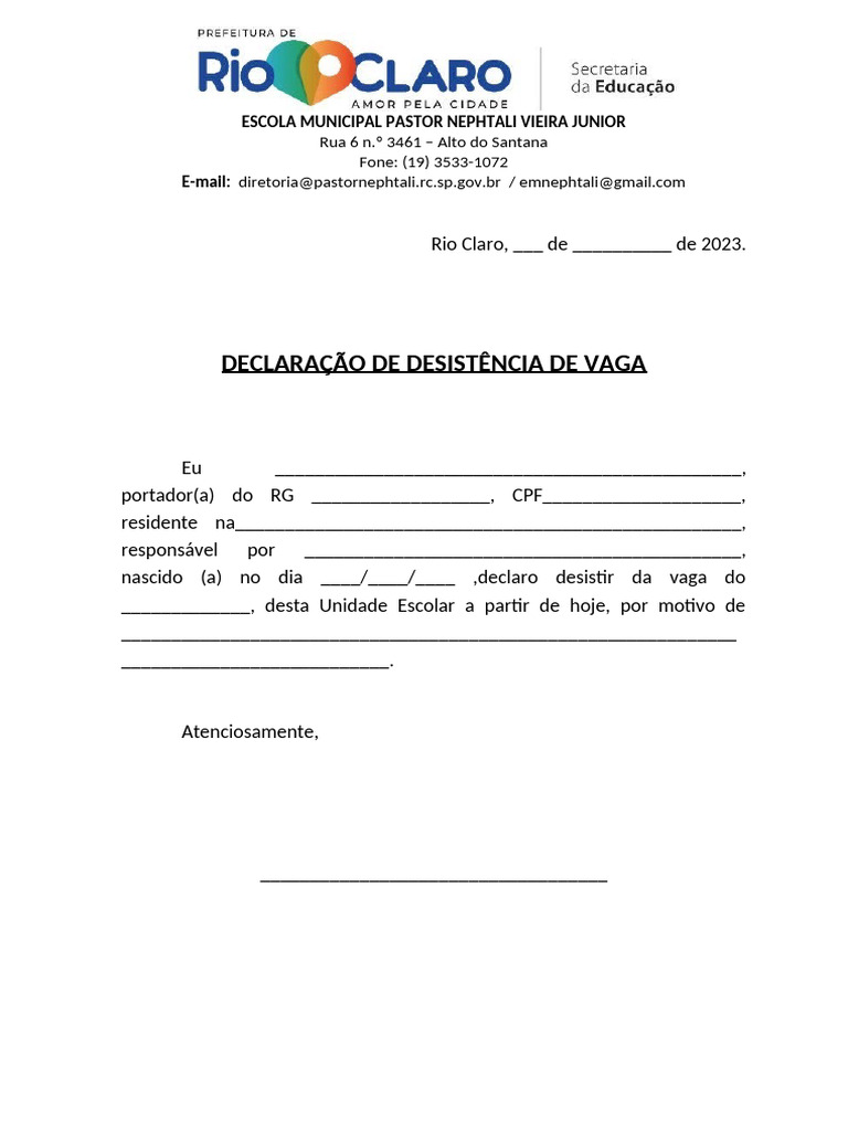 Modelo Declaração Desistência de Vaga | PDF