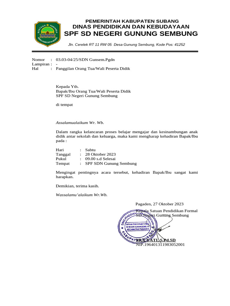 Panggilan Orang Tua di SD Gunung Sembung | PDF