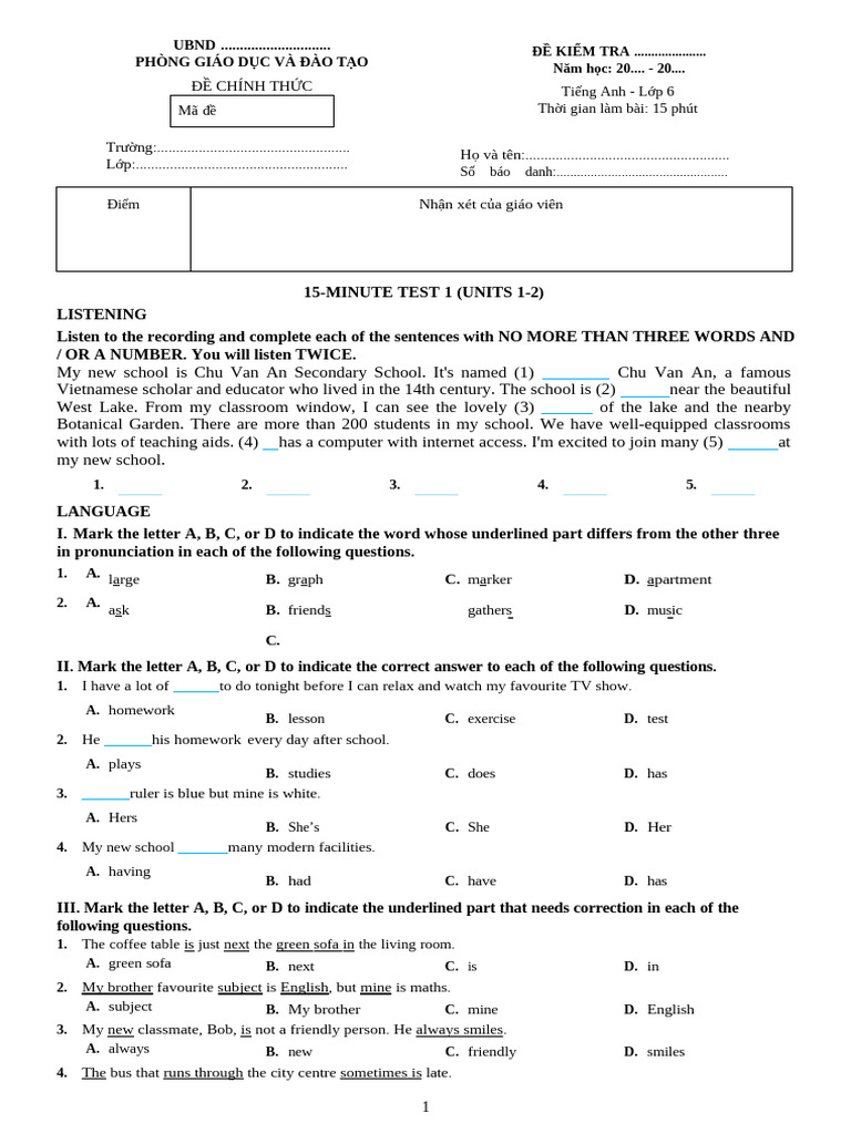 Hoclieu - 15-MINUTE TEST 1 (UNITS 1-2) | PDF | Room | Home