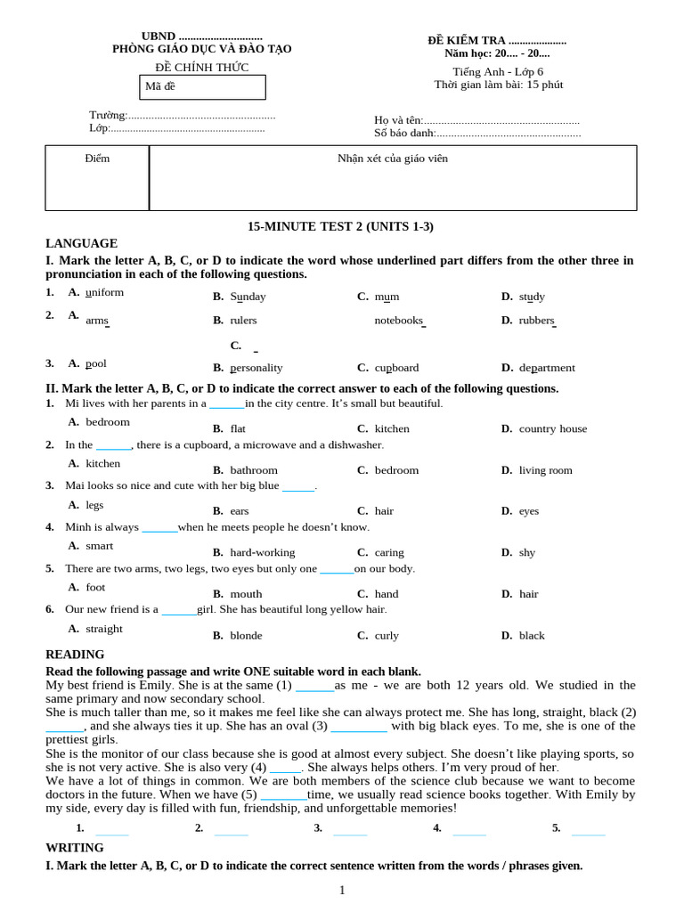 Grade 6 English Test | PDF | Cognitive Science | Language Mechanics