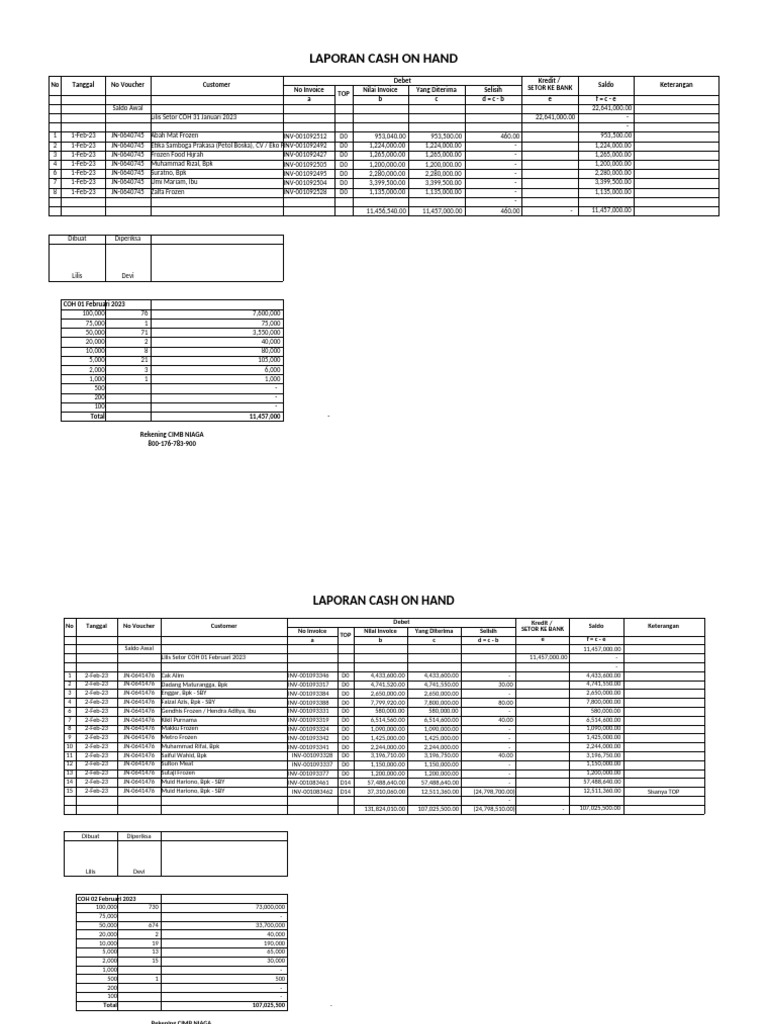 Laporan Cash on Hand Februari 2023 | PDF | Kredit | Pengelolaan ...