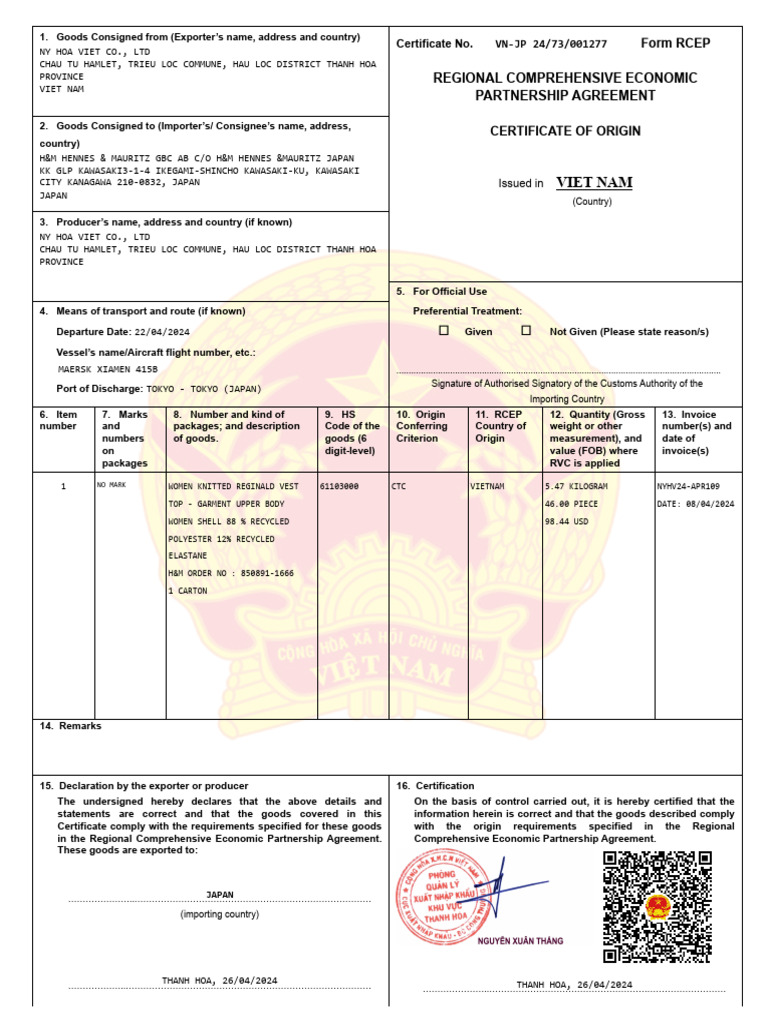 Certificate Form RCEP, Certificate No - VN-JP 24 - 73 - 001277 | PDF | International Business ...