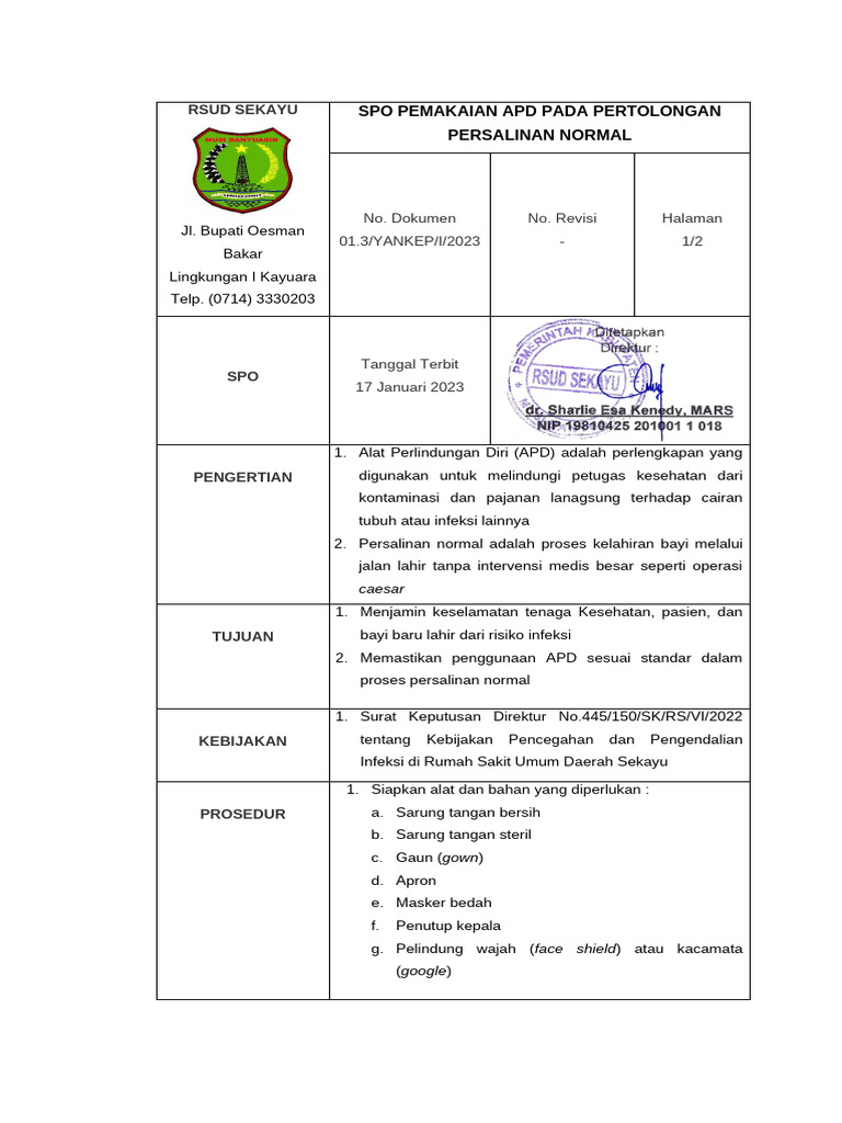 SPO Pemakaian APD Pada Pertolongan Persalinan Normal | PDF