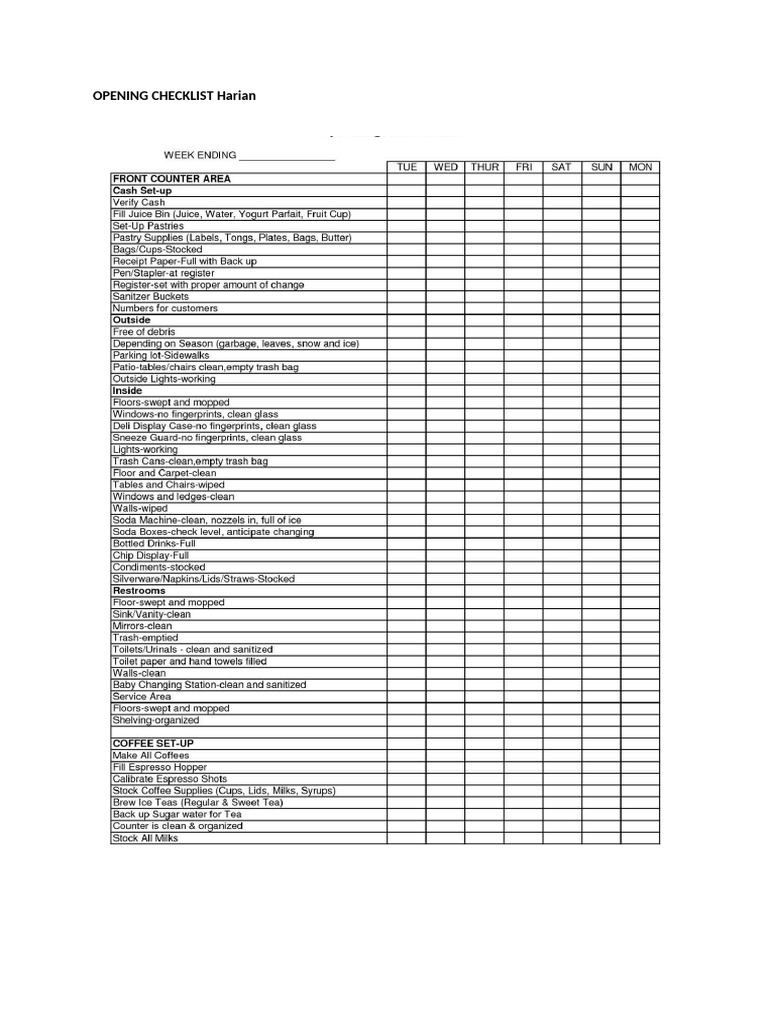 OPENING CHECKLIST Harian | PDF