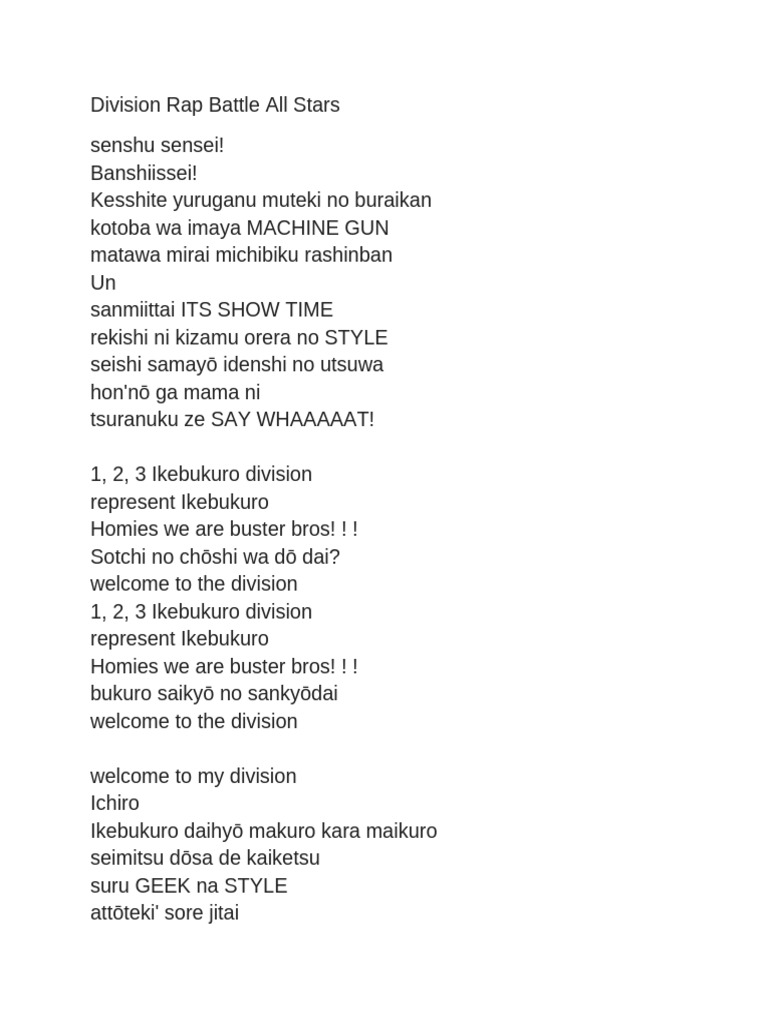 Division Rap Battle All Stars Lyrics | PDF