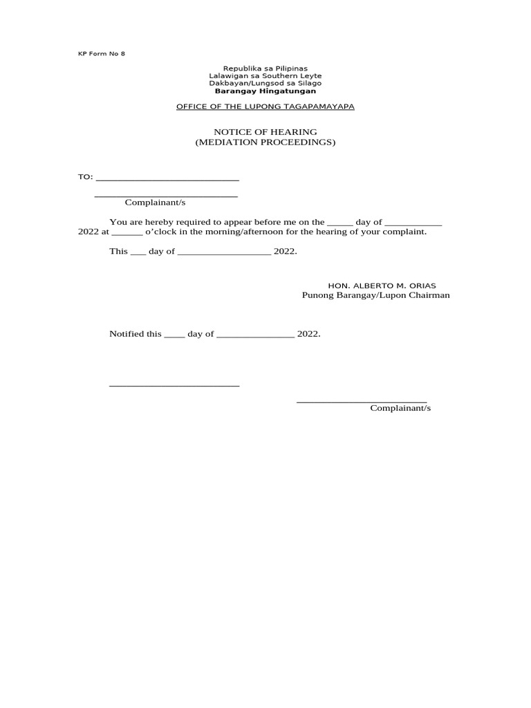 8 KP Form NOTICE OF HEARING MEDIATION PROCEEDINGS | PDF