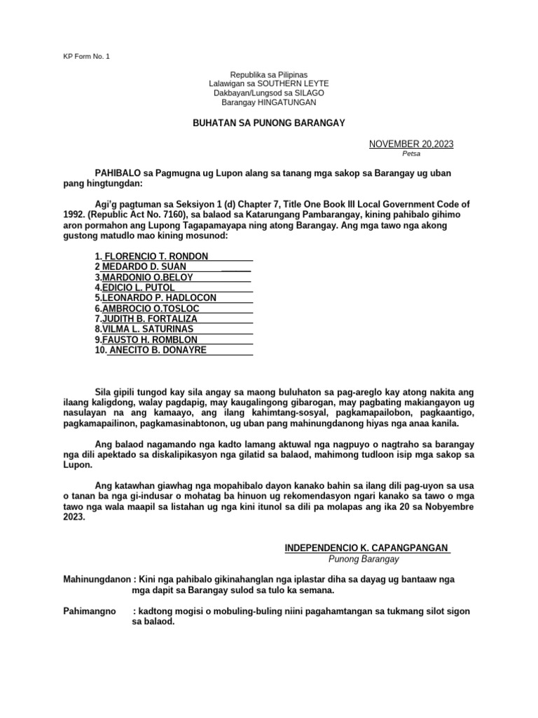 1 KP Form NOTICE TO CONSTITUTE LUPON | PDF