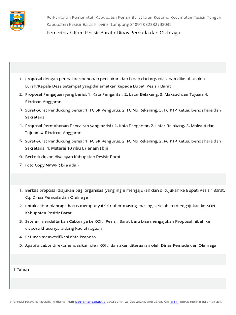 Unduh Standar Pelayanan - Permohonan Dana Hibah Bidang Keolahragaan | PDF