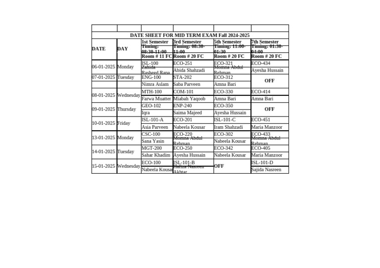 Mid Term Exam Schedule Fall 2024 | PDF