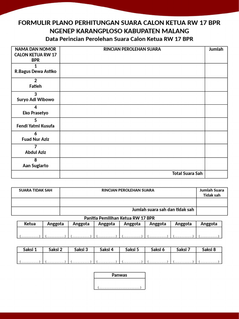 Formulir Plano Perhitunga Suara Calon Ketau RW 17 BPR | PDF