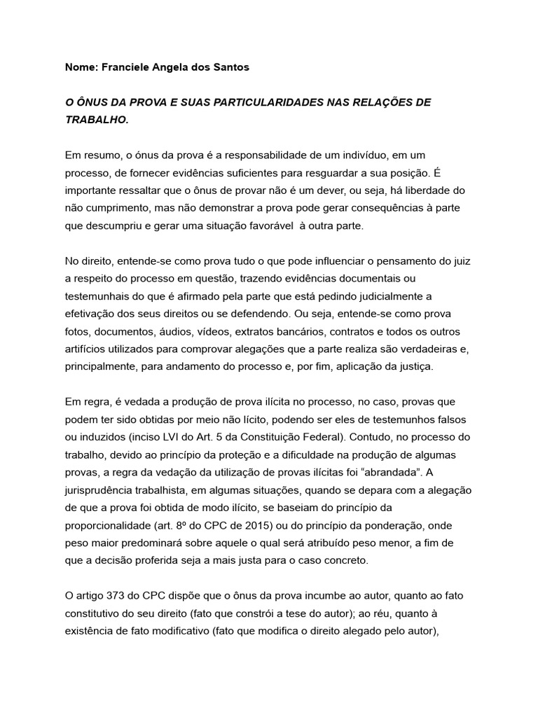 Ônus da Prova nas Relações de Trabalho | PDF | Prova (jurídico) | Justiça