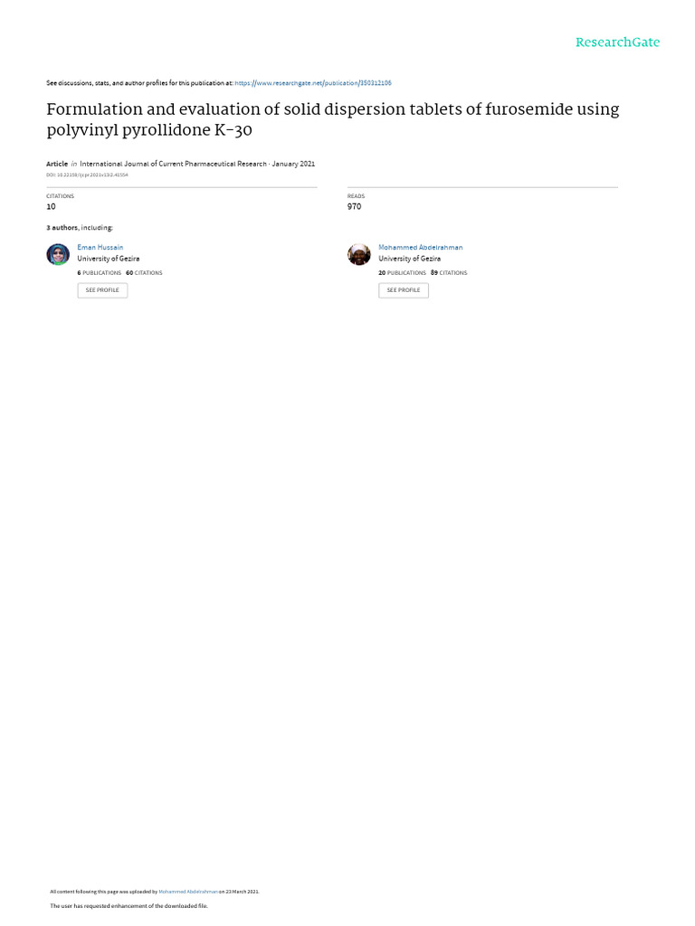 Solid Dispersions of Furosemide | PDF | Solubility | Tablet (Pharmacy)