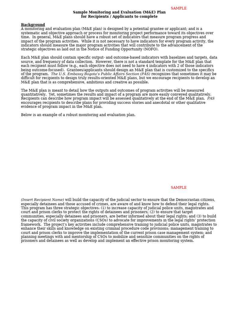Monitoring and Evaluation Plan For Recipient Use SAMPLE | PDF ...