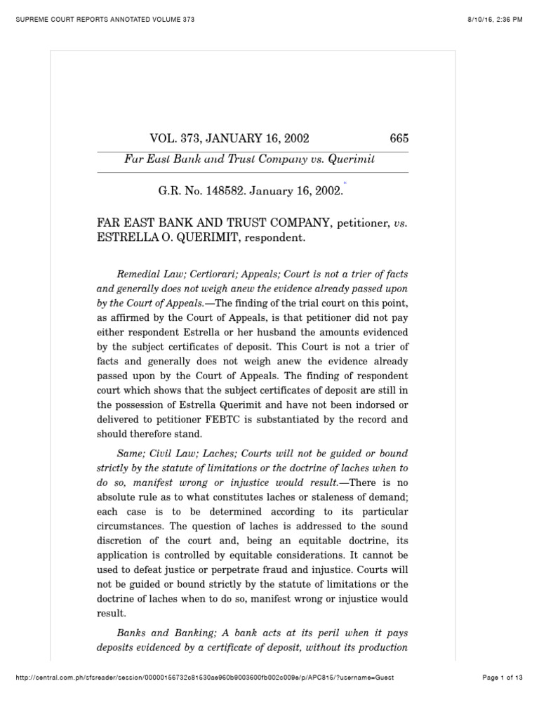 Far East Bank and Trust Co. vs. Querimit | PDF | Laches (Equity) | Payments