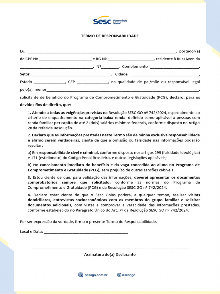 Termo de Responsabilidade - Matrículas PCG | PDF