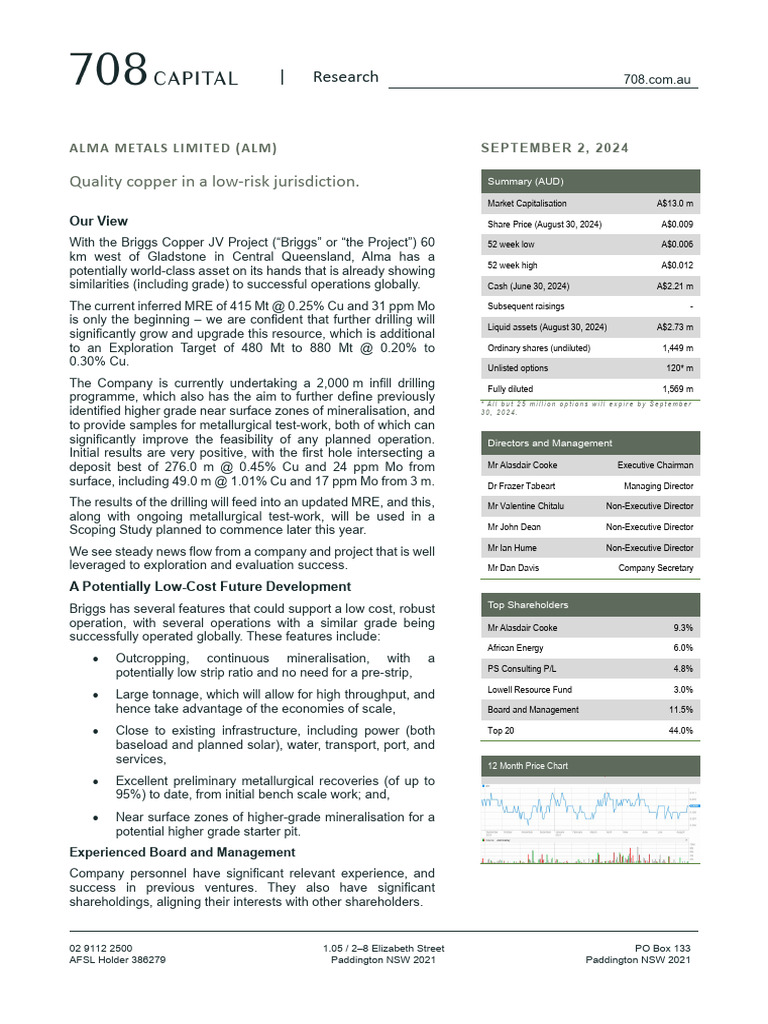 Alma Metals' Briggs Copper Project Overview | PDF | Copper | Mining