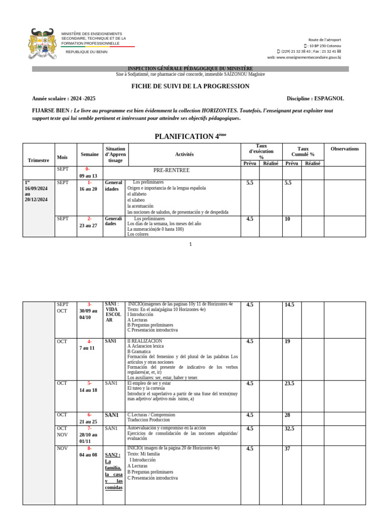 Espagnol 4ème - Modele Fiche de Suivi Progression - 2024-2025 | PDF | Sintaxis | Morfología ...